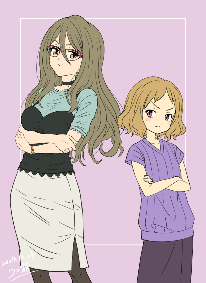 Safebooru - 2girls amanatsu konami black choker black skirt brown eyes brown hair choker crossed ...