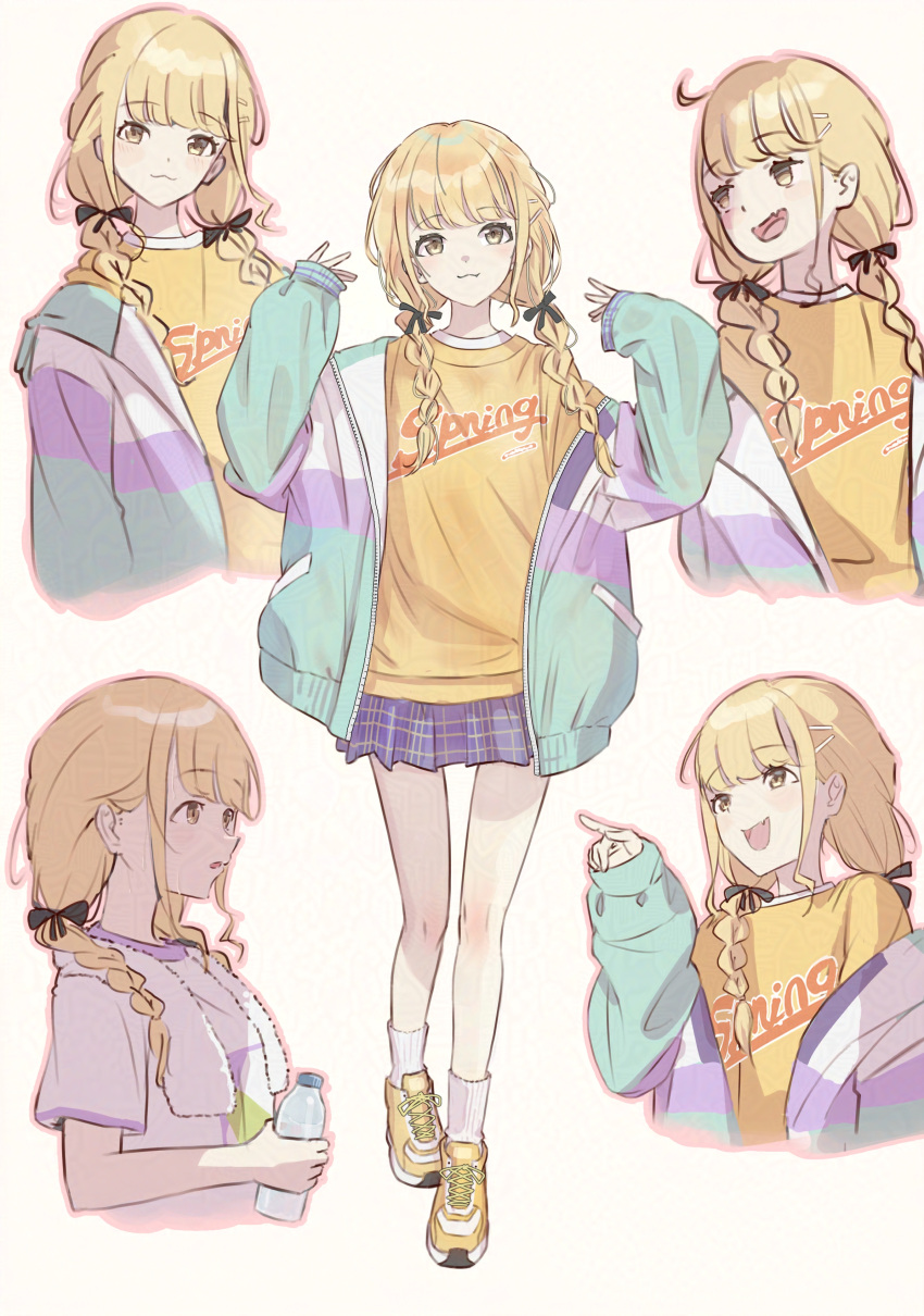 Safebooru - 1girl absurdres blonde hair blue skirt braid cropped torso fang fujita kotone full ...