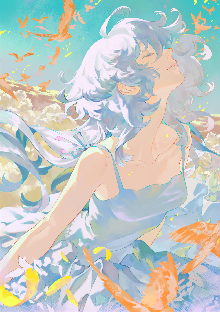 Safebooru - 1girl 2 go00 absurdres arms at sides bare shoulders bird closed eyes closed mouth ...