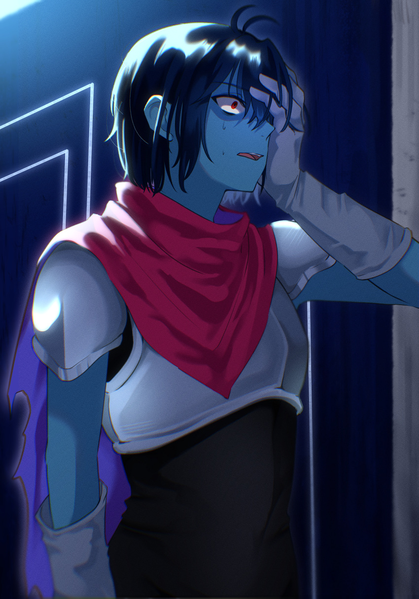 Safebooru - 1other absurdres armor black bodysuit black hair blue skin ...