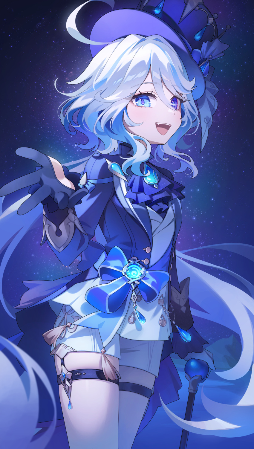 Safebooru - 1girl absurdres ahoge ascot asymmetrical gloves black gloves blue ascot blue brooch ...