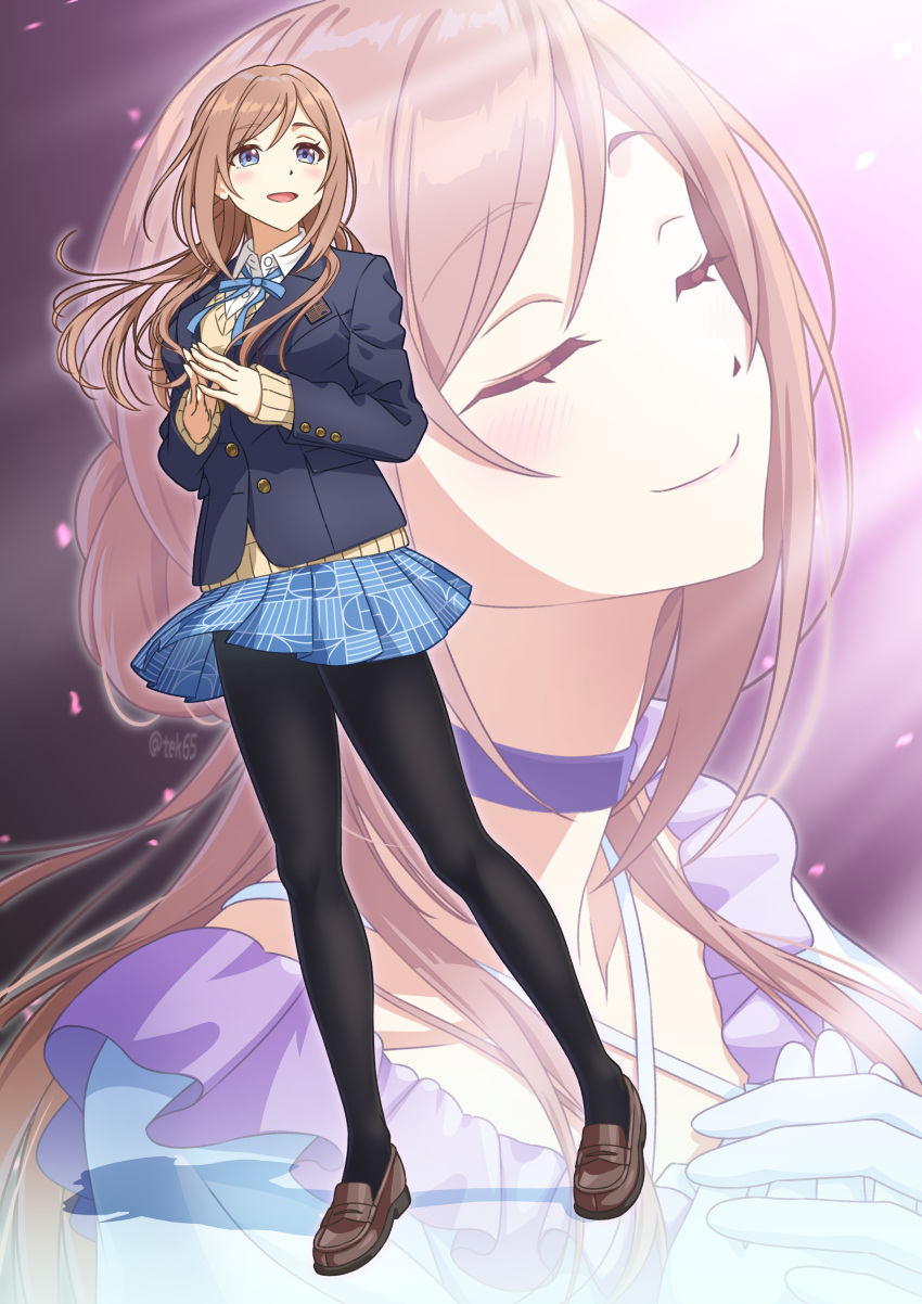 Safebooru - 1girl absurdres black pantyhose blazer blue eyes blue jacket blue skirt blush brown ...