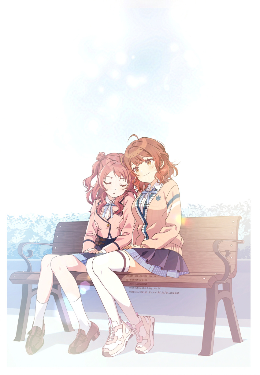 Safebooru - 2girls absurdres ahoge blue overskirt blue ribbon blue skirt border brown cardigan ...