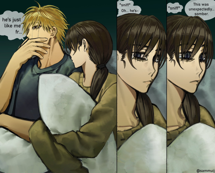 Safebooru - 1boy 1girl black hair blonde hair blue shirt brown sweater ...