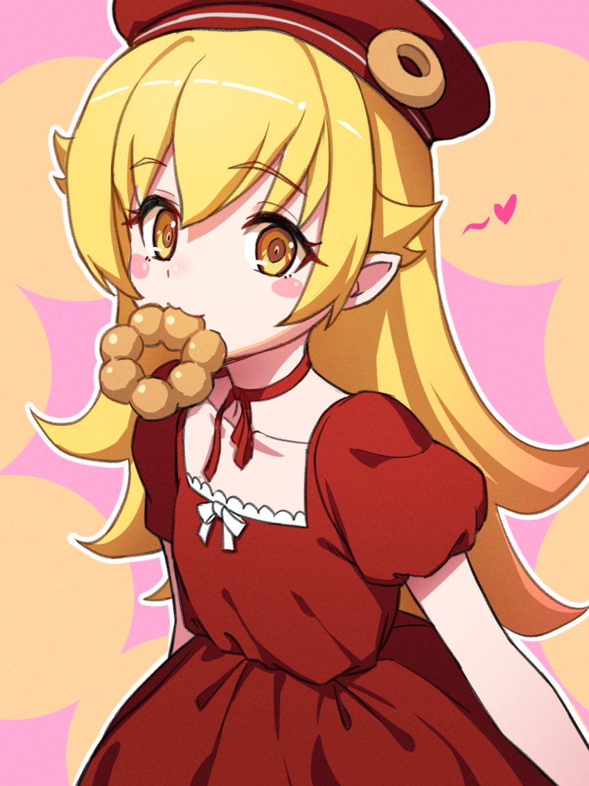 Safebooru - 1girl bakemonogatari beret blonde hair blush blush stickers bow collarbone doughnut ...