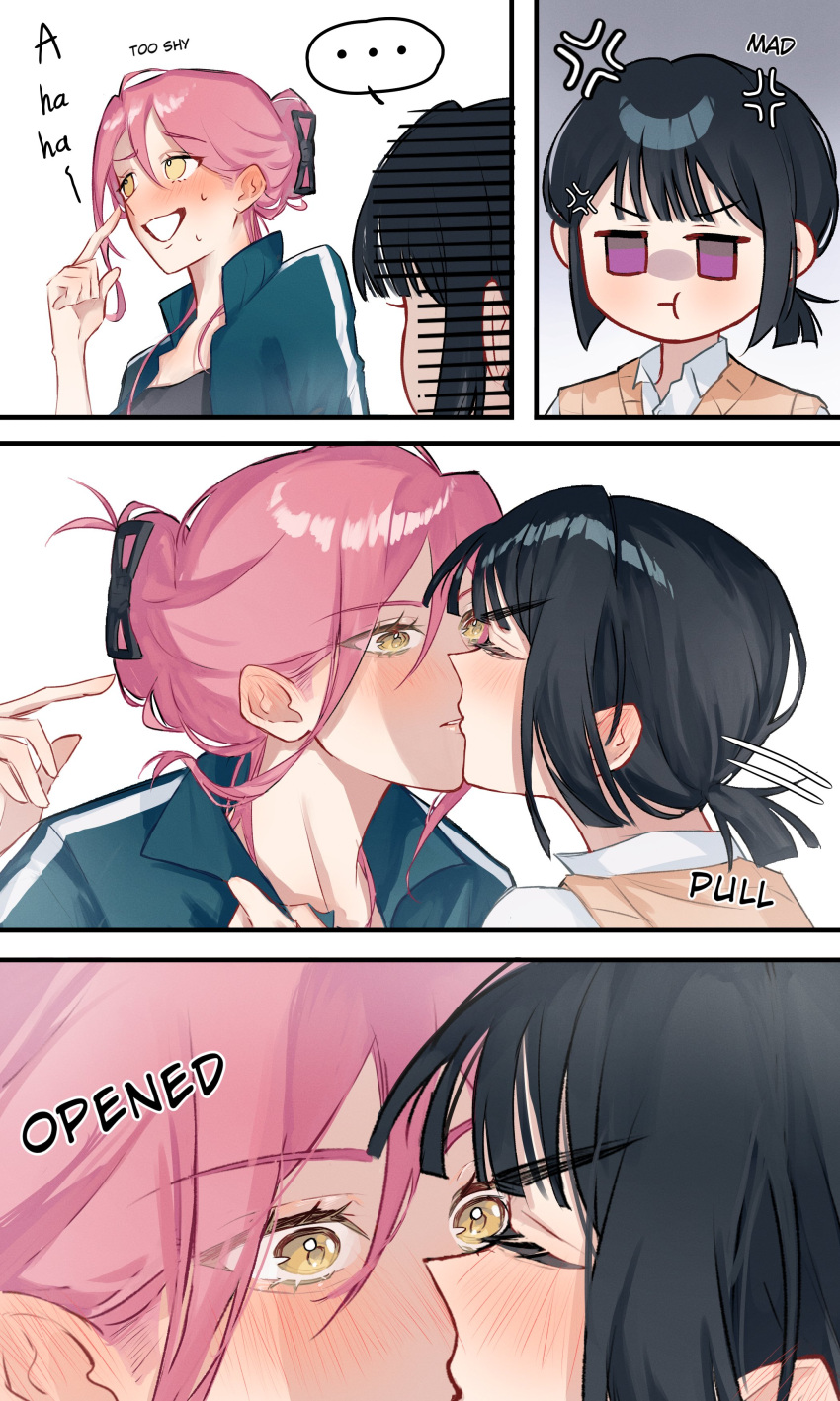 Safebooru - 2girls absurdres alien stage anger vein black hair black shirt blush brown sweater ...