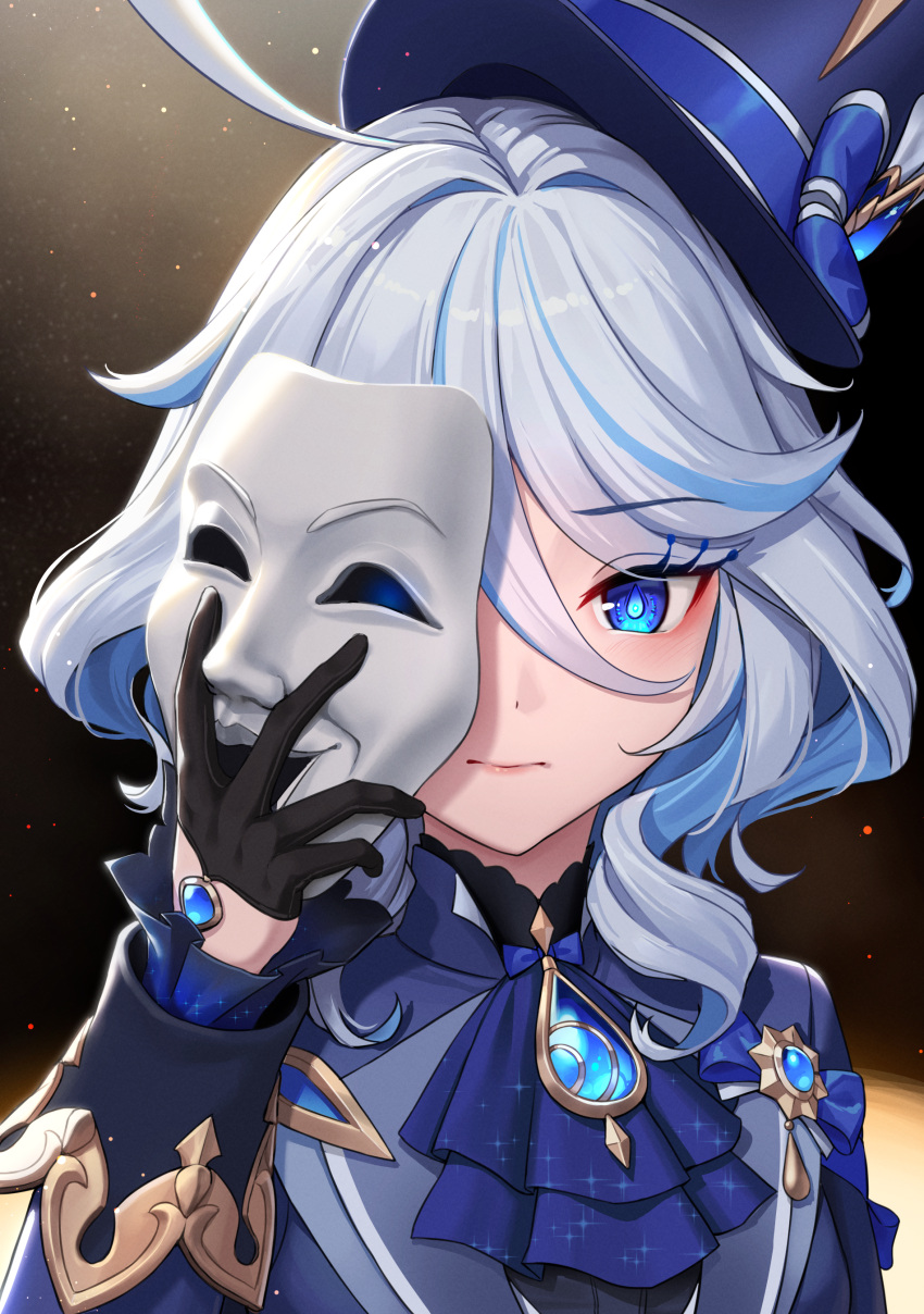 Safebooru - 1girl absurdres ahoge ascot black gloves blue ascot blue eyes blue gemstone blue ...