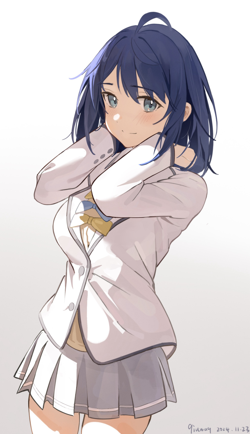 Safebooru - 1girl absurdres ahoge artist name blazer blue bow blue bowtie blue eyes blue hair ...