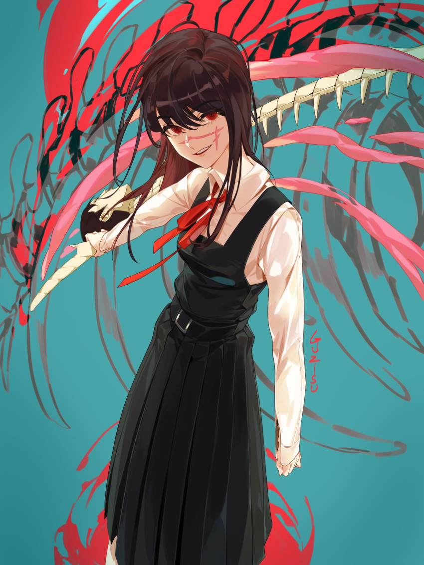 Safebooru - 1girl bangs belt black dress black hair blue background chainsaw man commentary ...