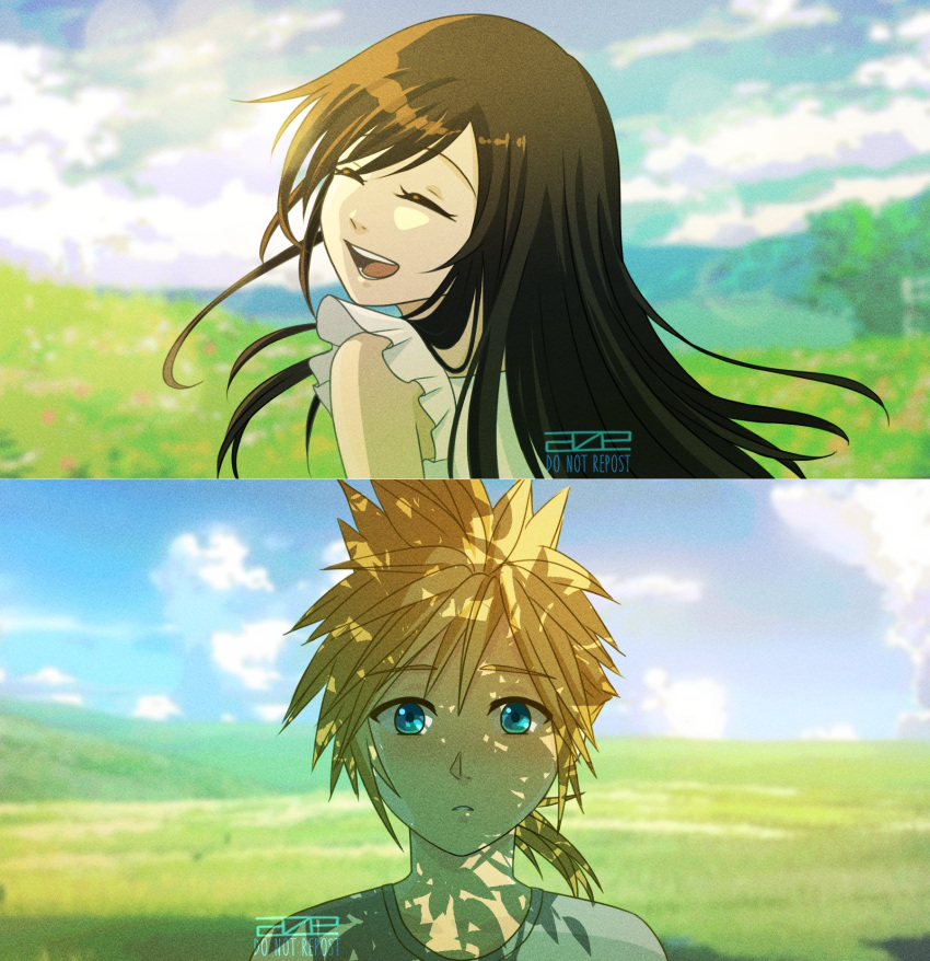 Safebooru - 1boy 1girl aged down azezazel black hair blonde hair blue eyes blue sky cloud strife ...