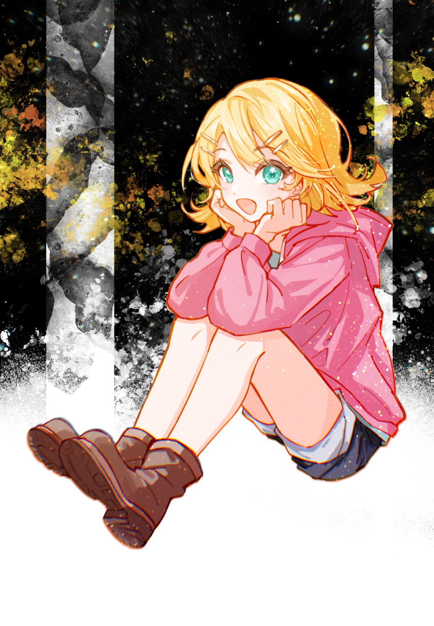 Safebooru - 1girl :d bangs black shorts blonde hair brown footwear full body green eyes hair ...
