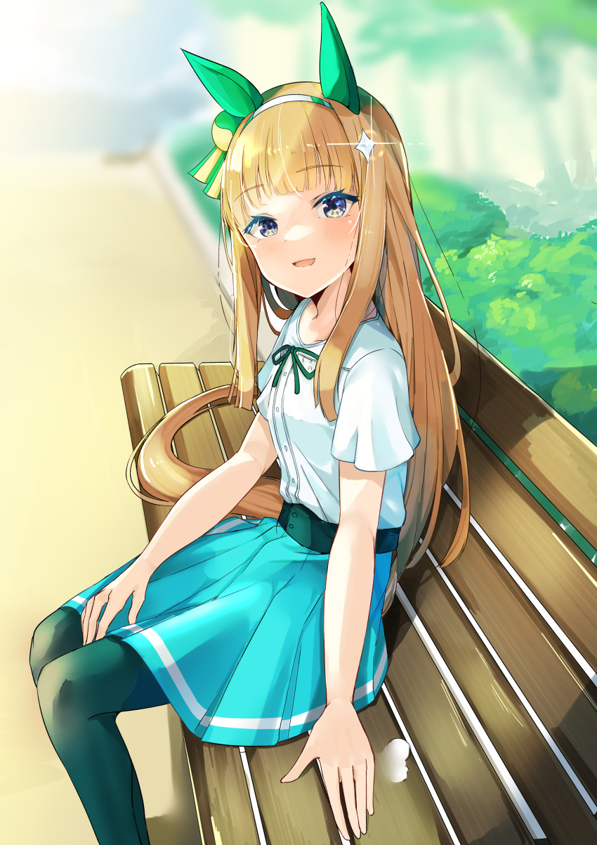 Safebooru - 1girl absurdres alternate eye color animal ears aqua skirt bangs bench black ...