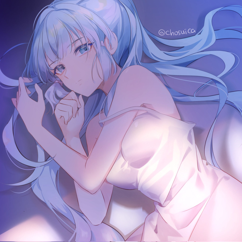 Safebooru - 1girl bangs bare arms bare shoulders blue eyes blue hair breasts chosuica eyebrows ...