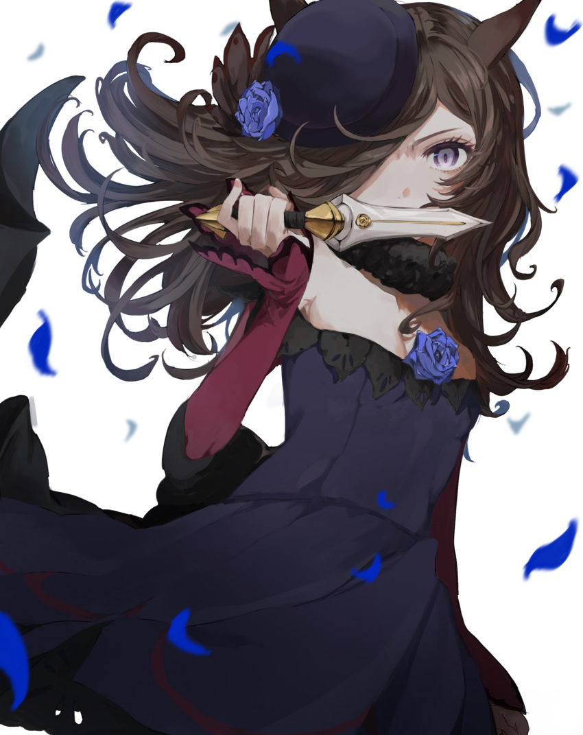 Safebooru - 1girl absurdres animal ears bangs black hair blue dress blue flower blue headwear ...