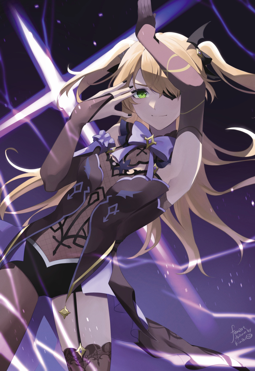 Safebooru - 1girl absurdres arm up armpits bangs black gloves black thighhighs blonde hair ...