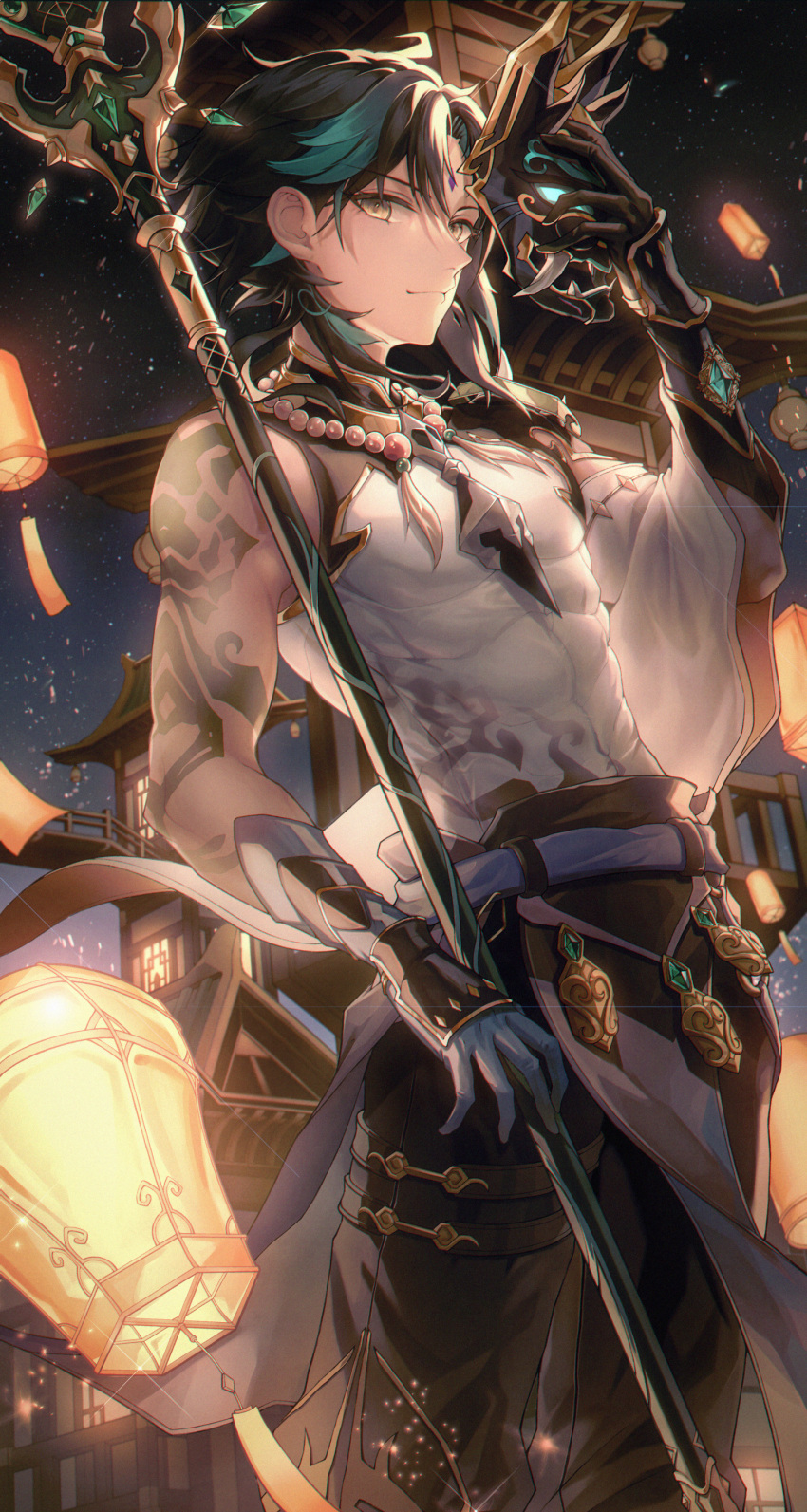 Safebooru - 1boy abs absurdres arm tattoo asymmetrical gloves bare ...