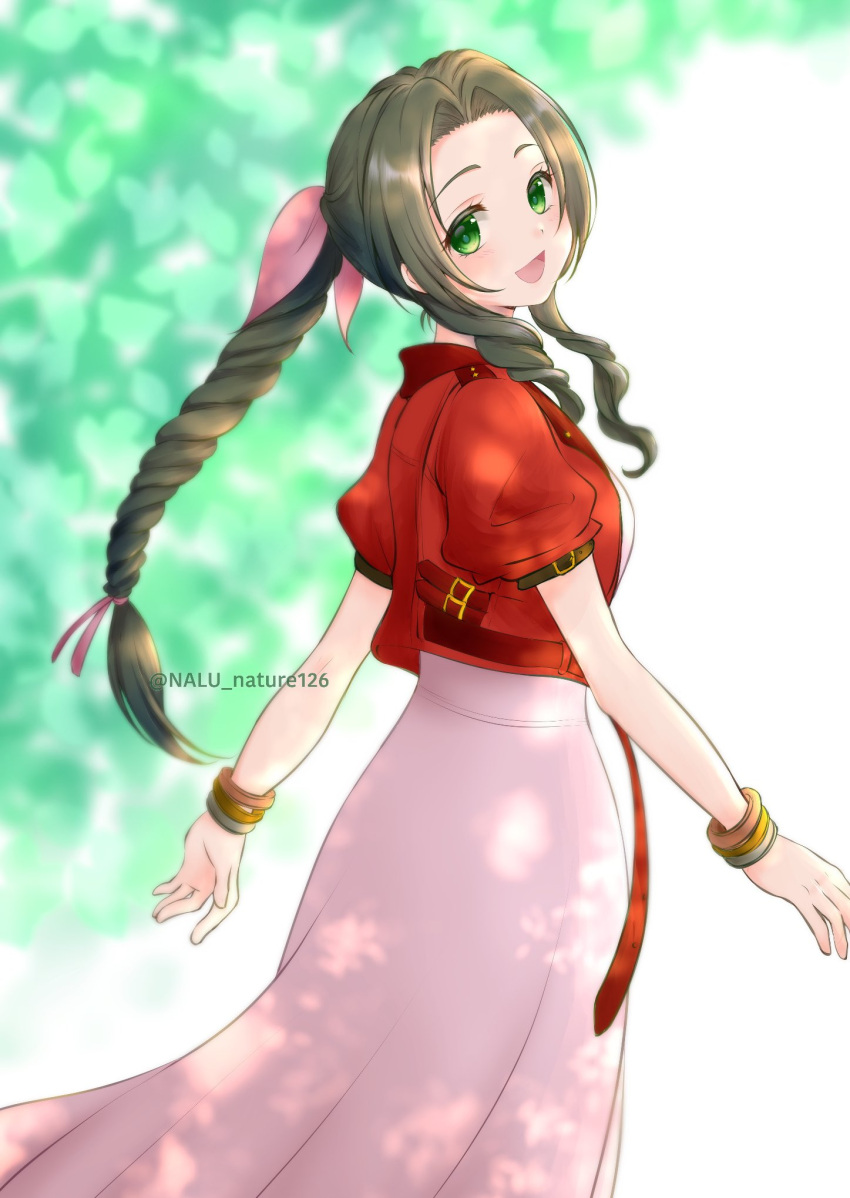 Safebooru - 1girl aerith gainsborough bangle bangs bracelet braid braided ponytail breasts brown ...