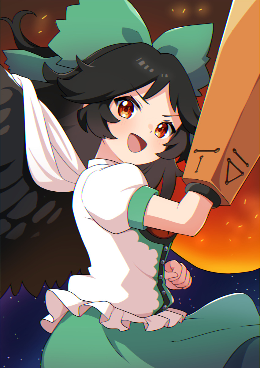 Safebooru - 1girl absurdres arm cannon bird wings black hair black wings bow cape feathered ...