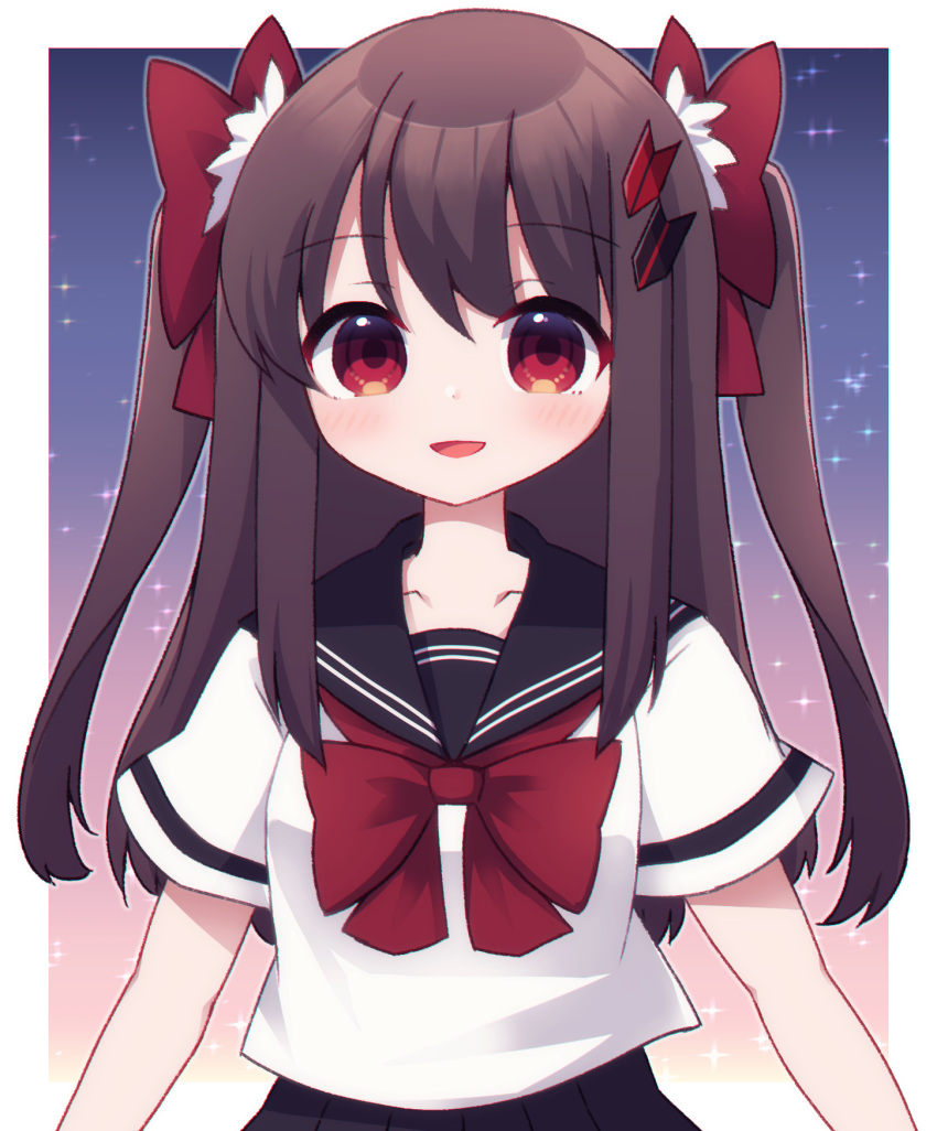 Safebooru - 1girl :d bangs black sailor collar black skirt bow brown hair collarbone commentary ...