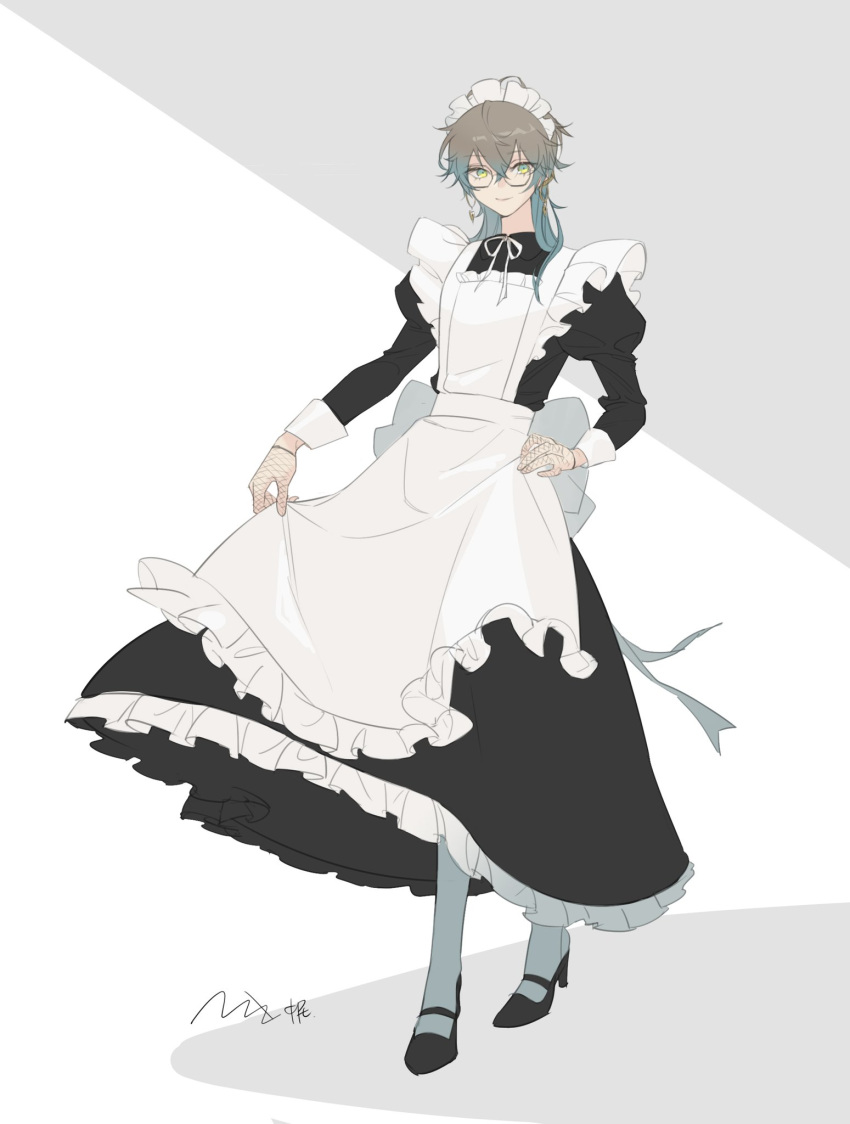 Safebooru - 1boy alternate costume apron bangs black dress black footwear blue hair brown hair ...