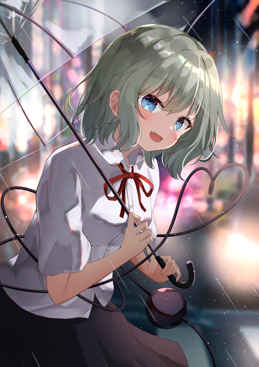 Safebooru - 1girl aqua eyes bangs black skirt blush bow bowtie eyeball green hair heart heart of ...