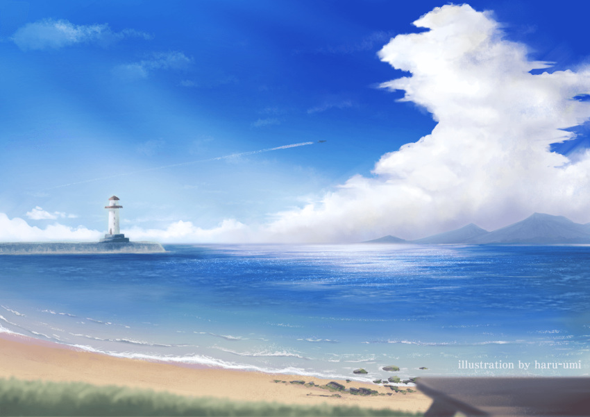 Safebooru - aircraft airplane artist name beach blue sky clouds commentary request day highres ...