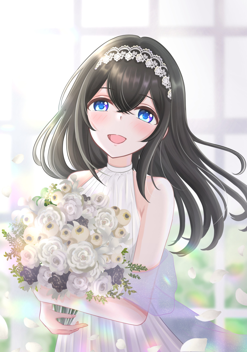 Safebooru - 1girl absurdres bare arms bare shoulders black hair blue eyes blush bouquet ...