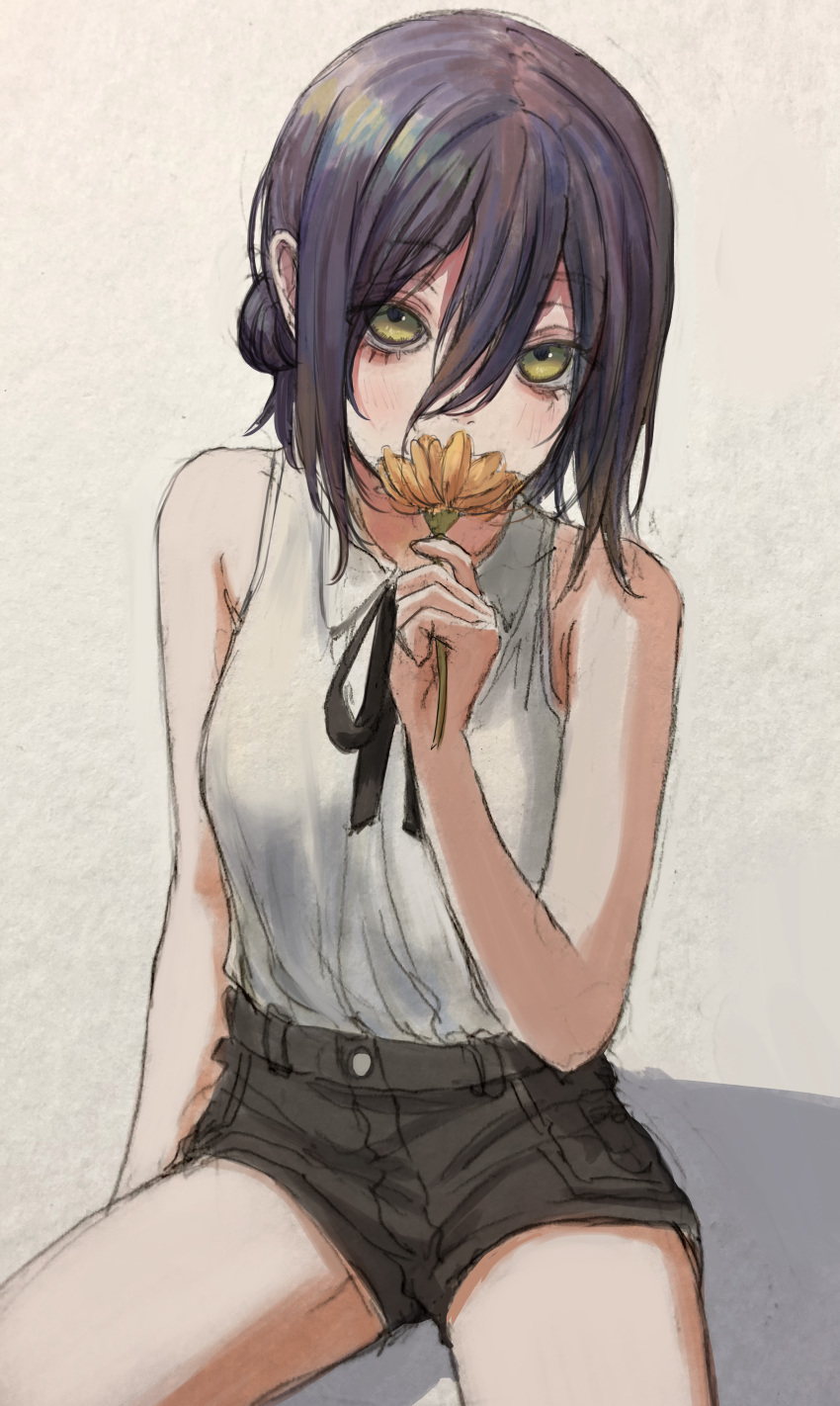 Safebooru - 1girl absurdres black hair black shorts chainsaw man collared shirt flower gold can ...