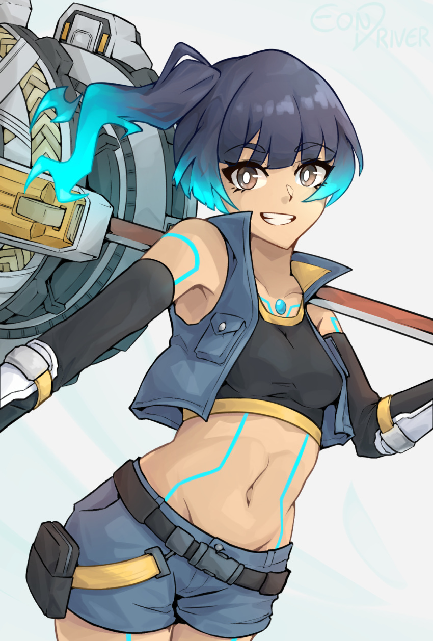 Safebooru - 1girl :d bangs black shirt blue jacket blue shorts chest jewel crop top eondriver ...