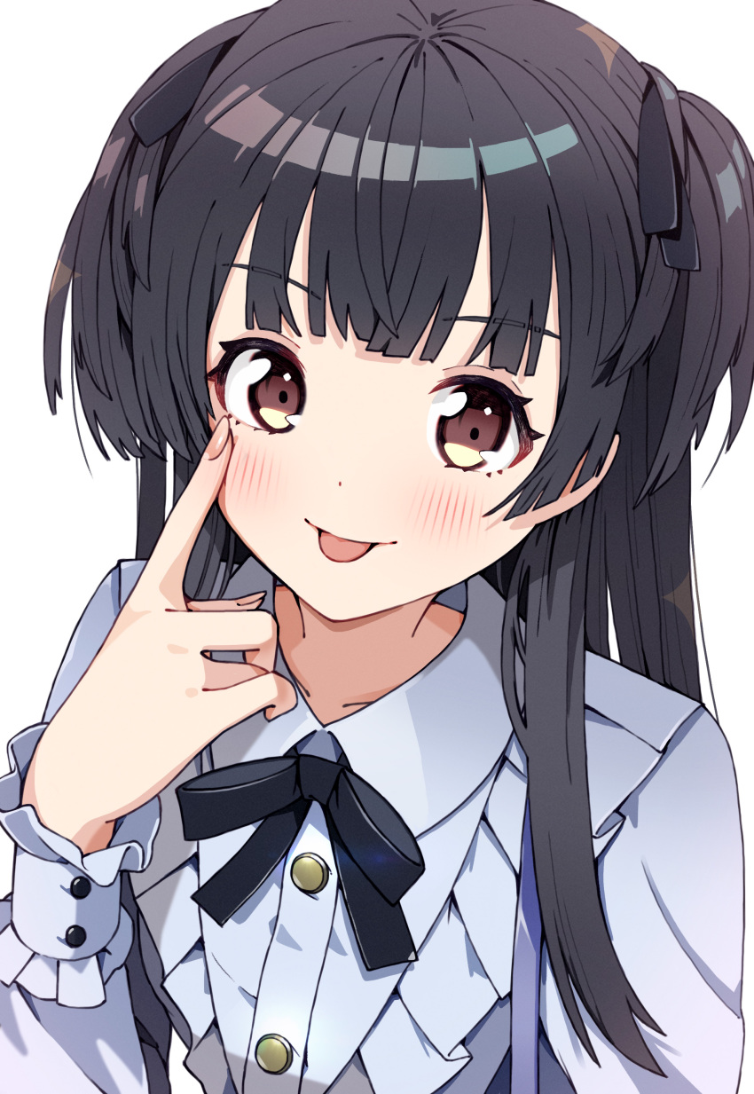 Safebooru - 1girl :p absurdres akanbe bangs black hair blush bow bowtie brown eyes buttons ...
