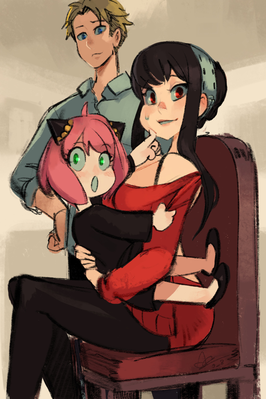 Safebooru - 1boy 2girls alex ahad anya (spy x family) blonde hair chair child commentary family ...