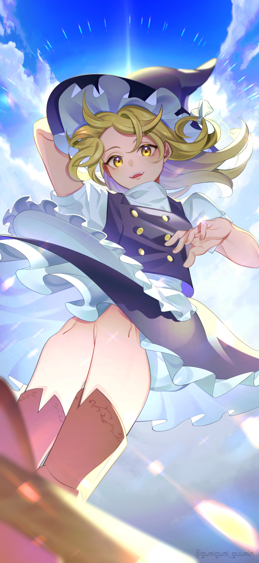 Safebooru - 1girl :d absurdres blonde hair blue sky bow clouds cloudy sky commentary request ...
