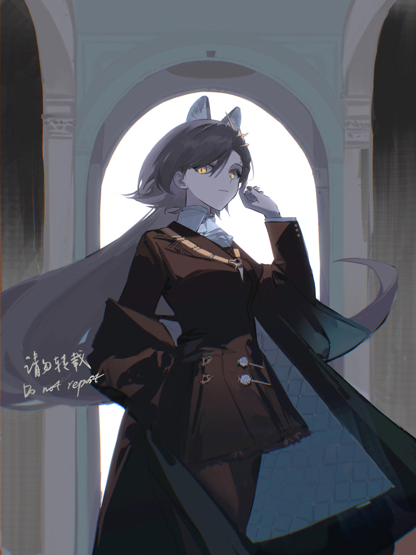 Safebooru - 1girl absurdres animal ears arknights black coat black dress black pantyhose brown ...