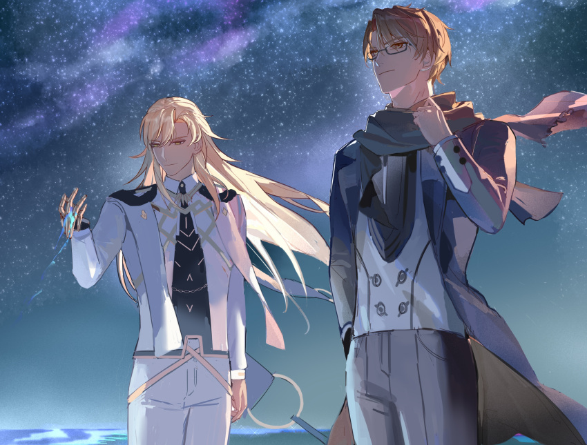 Safebooru - 2boys absurdres bangs black coat black pants blonde hair ...