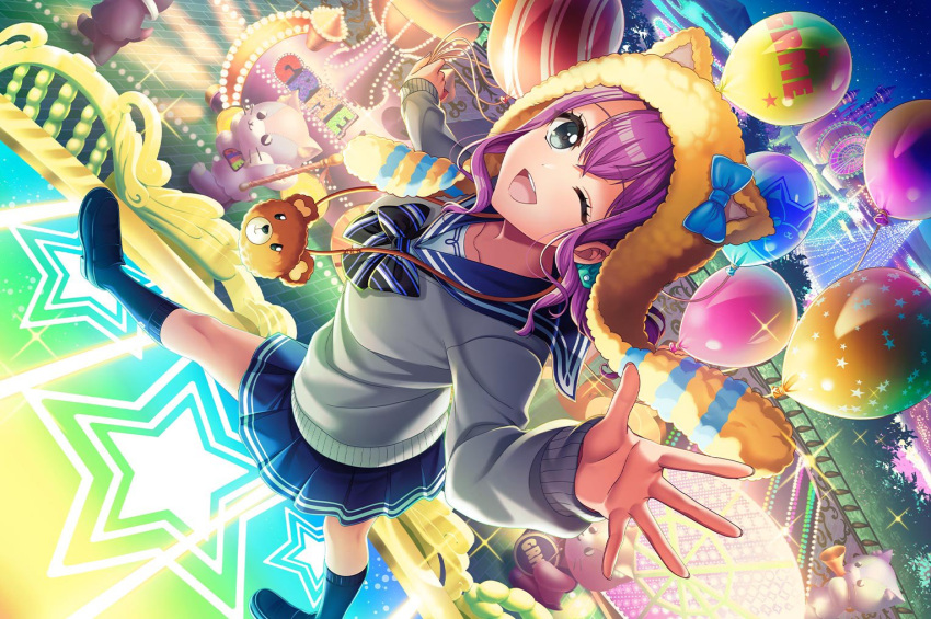 Safebooru - blush d4dj dress green eyes hidaka saori purple hair short hair smile wink | 4185311