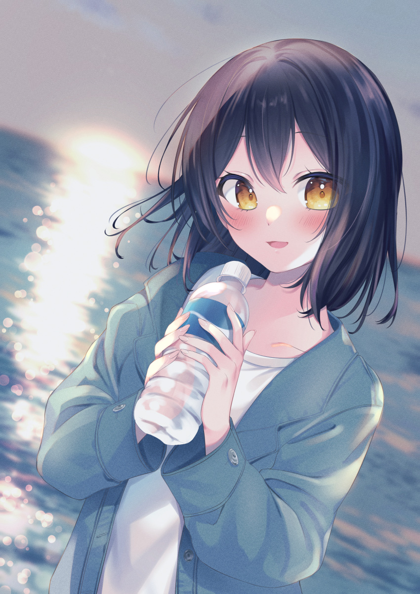 Safebooru - 1girl absurdres bangs black hair blush bottle collarbone commentary request dutch ...