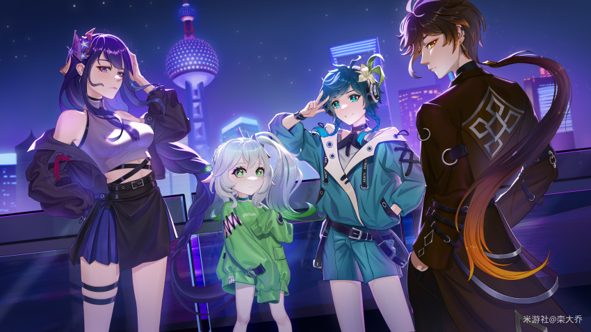 Safebooru - 2boys 2girls absurdres adjusting hair arm up belt black hair breasts brown hair coat ...