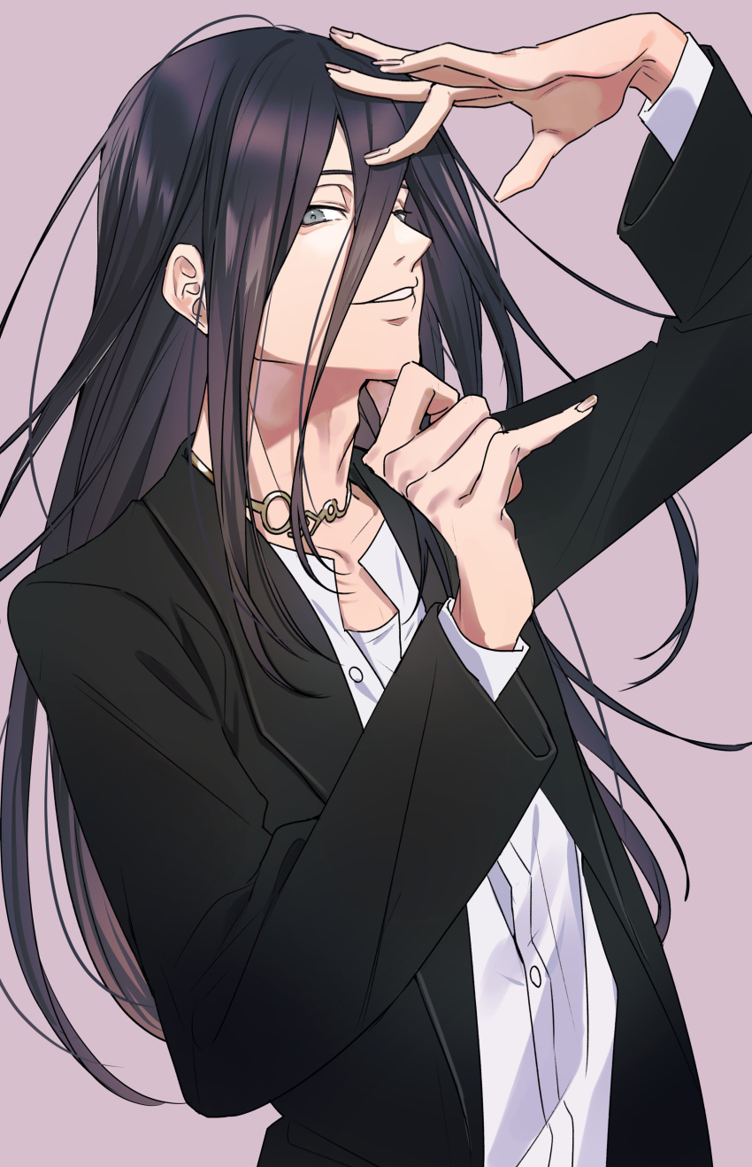 Safebooru - 1boy absurdres arm up aryu jyubei black hair black jacket blue lock grey eyes hair ...