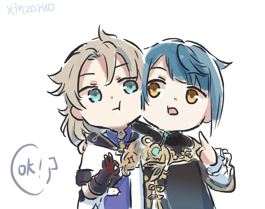 Safebooru - 2boys albedo (genshin impact) aqua eyes artist name black shirt blonde hair blue ...