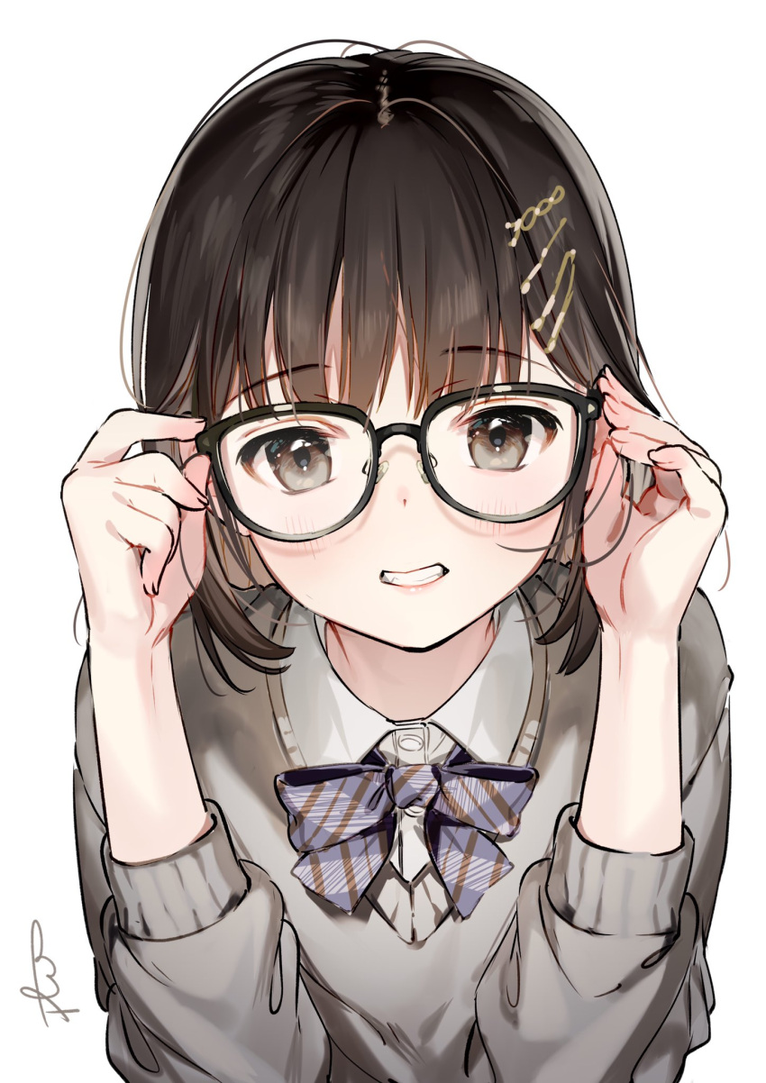 Safebooru - 1girl adjusting eyewear almic black-framed eyewear black eyes black hair bow bowtie ...