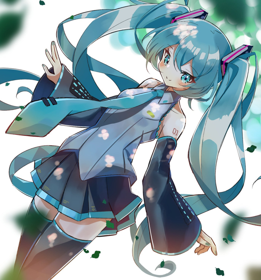 Safebooru - 1girl aqua eyes aqua hair black sleeves black thighhighs blush collared shirt ...