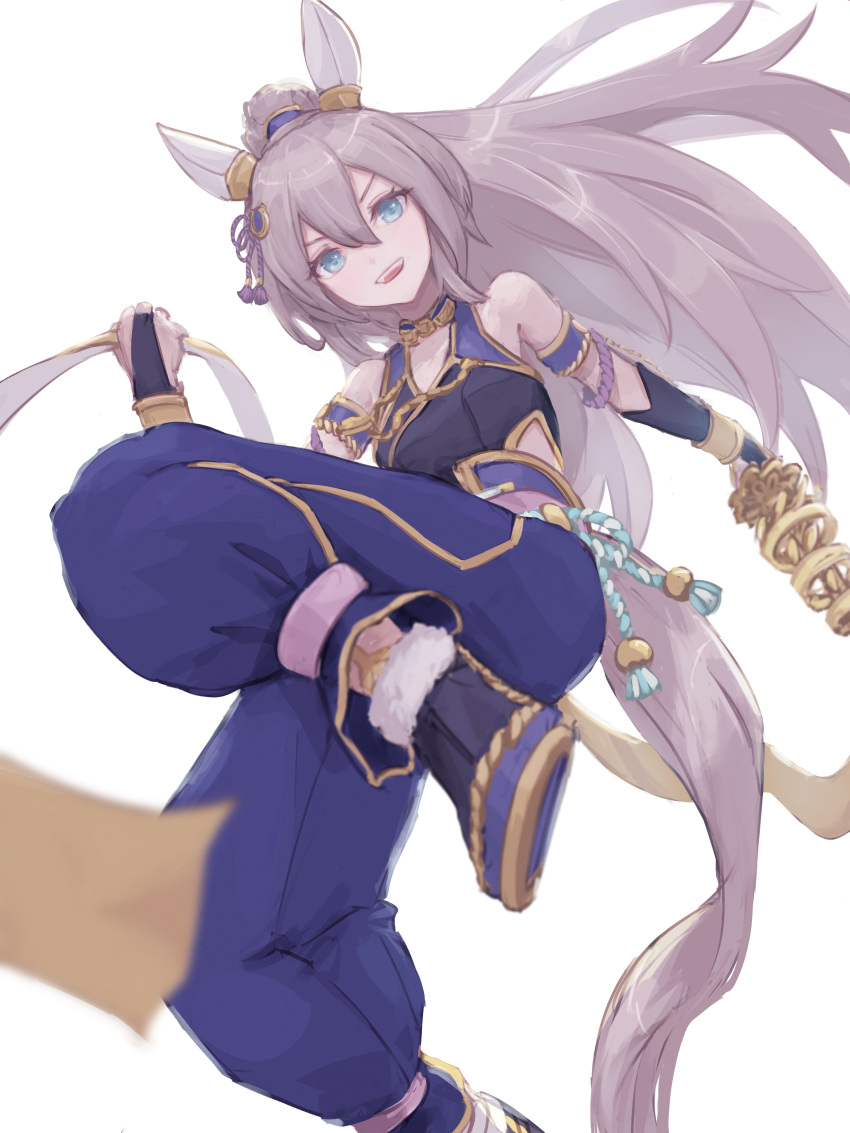 Safebooru - 1girl :d absurdres animal ears armlet bare shoulders blue eyes blue pants bridal ...