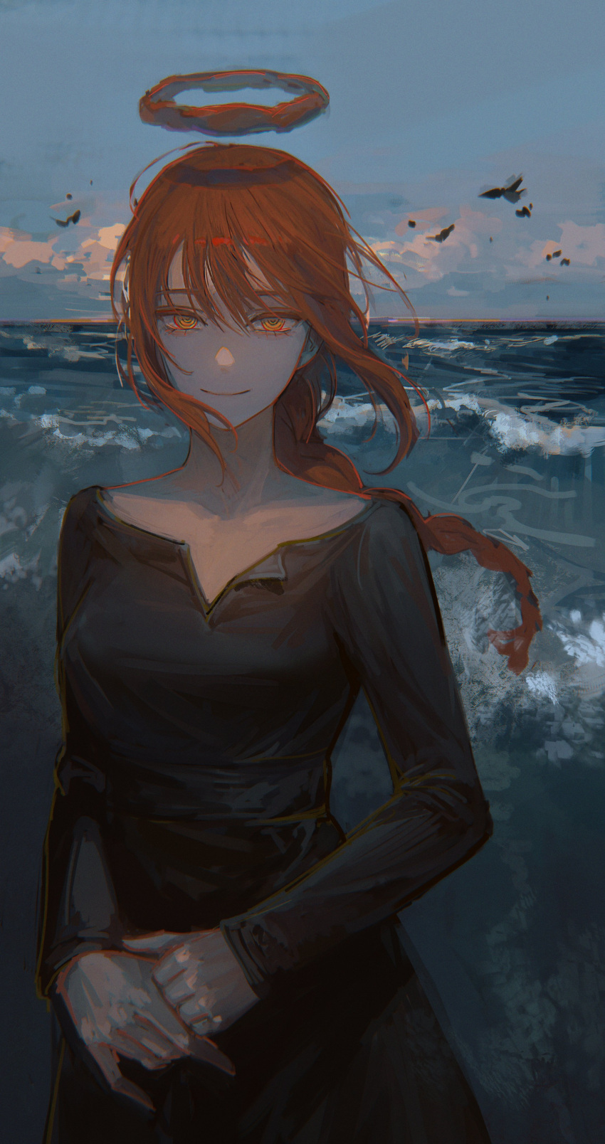 Safebooru - 1girl absurdres bangs bird black dress blue sky braid braided ponytail chainsaw man ...