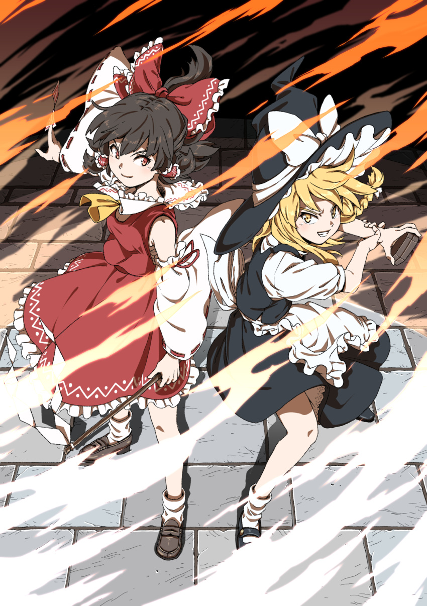 Safebooru - 2girls apron ascot black footwear black headwear black skirt black vest blonde hair ...