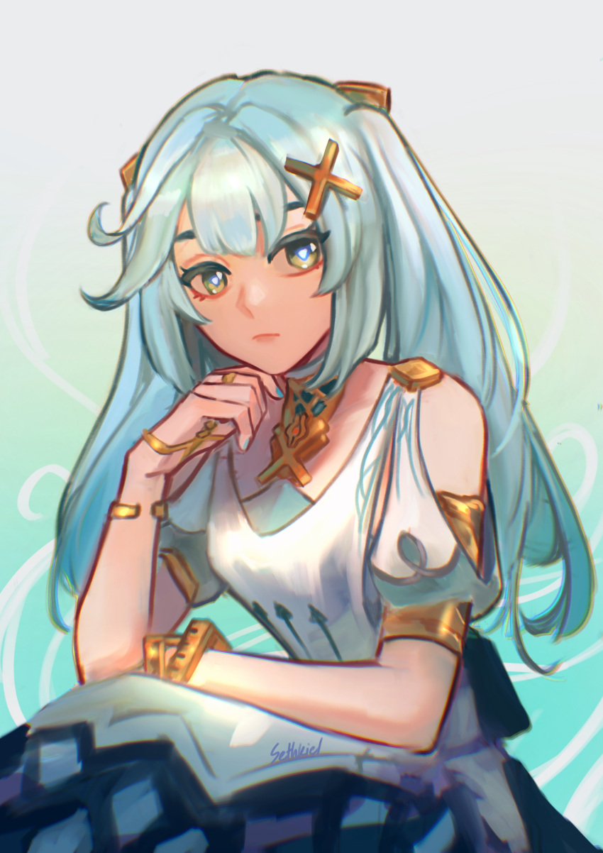 Safebooru - 1girl absurdres aqua hair bangs bare shoulders blunt bangs bracelet breasts cowlick ...