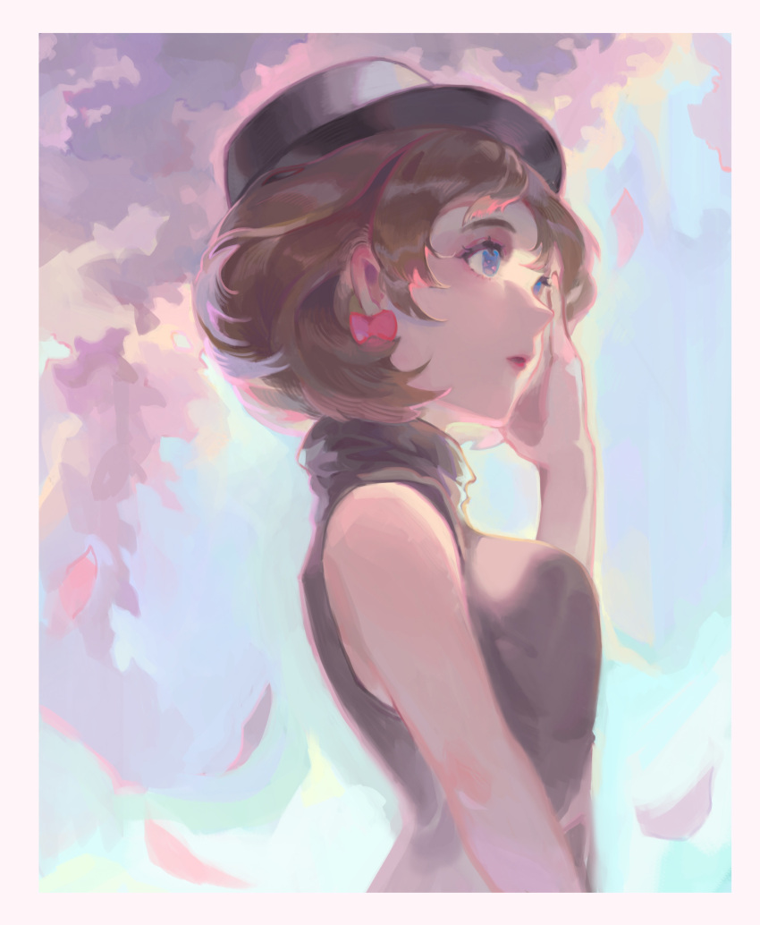 Safebooru - 1girl absurdres bangs bare arms blue eyes border breasts brown hair commentary ...