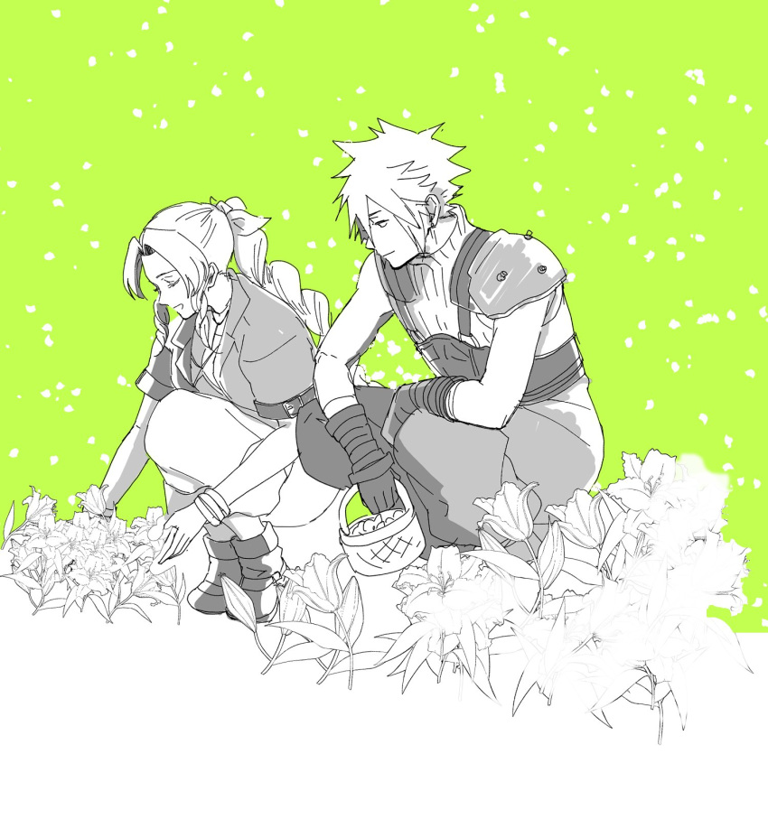 Safebooru - 1boy 1girl aerith gainsborough armor baggy pants bangle bangs basket belt boots ...