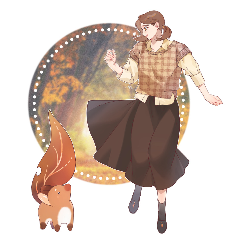 Safebooru - 1girl black socks brown hair brown skirt brown sweater ...