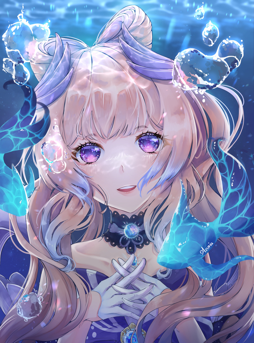 Safebooru - 1girl absurdres air bubble bangs bare shoulders black choker blue hair bow bubble ...