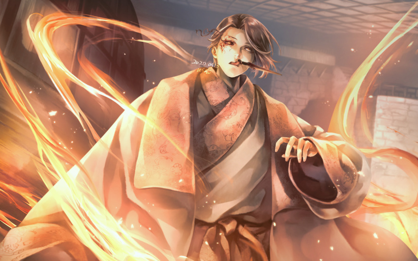 Safebooru - 1girl arborification black sclera colored sclera fire hakama han'eri haori highres ...